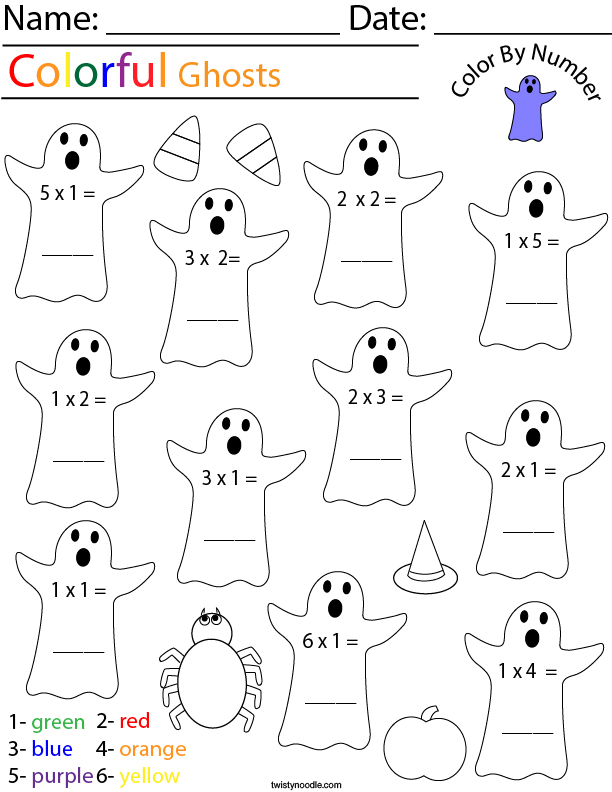 Multiplication Color by Number Ghosts Math Worksheet - Twisty Noodle